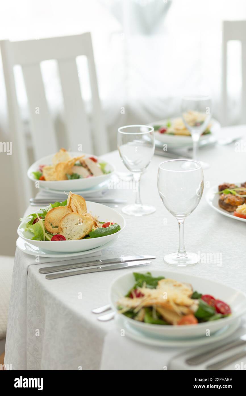 Wedding banquet in restaurant, covered round table for guests, white ...