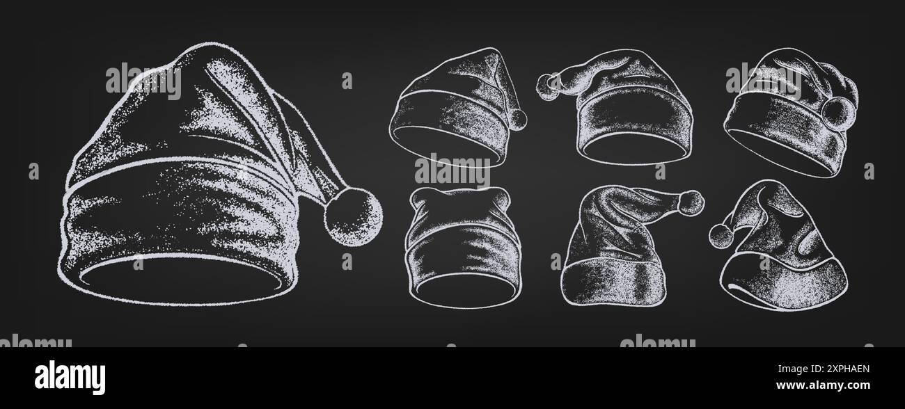 Set of Santa Claus hats made in sketch style. Chalk drawing on ...