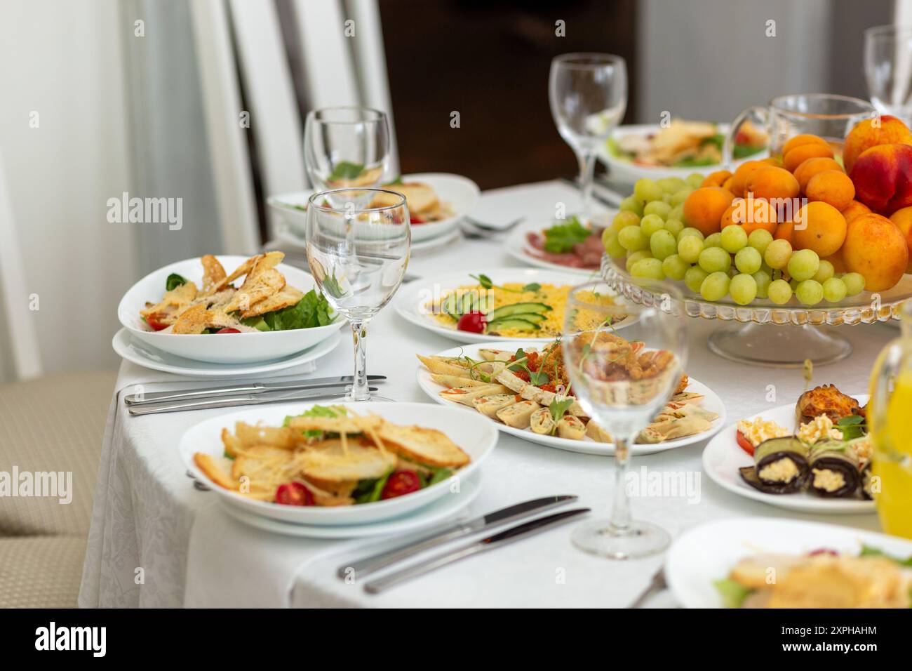 Wedding banquet in restaurant, covered round table for guests, white ...