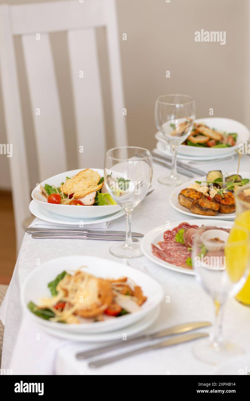 Wedding banquet in restaurant, covered round table for guests, white ...