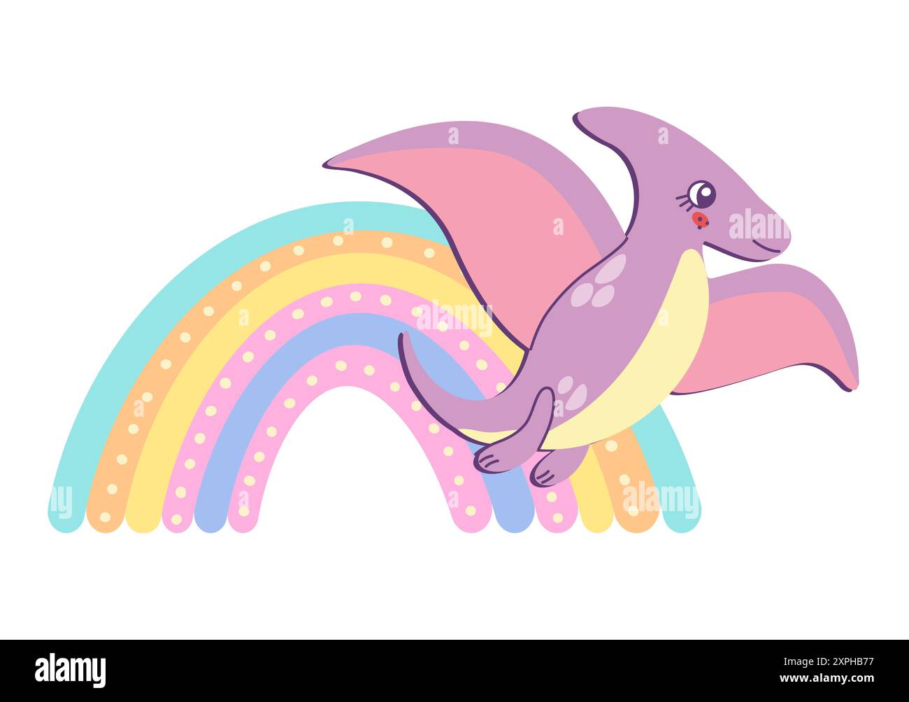 Cute colored dinosaur pterodactyl doodle with rainbow. Illustration ...