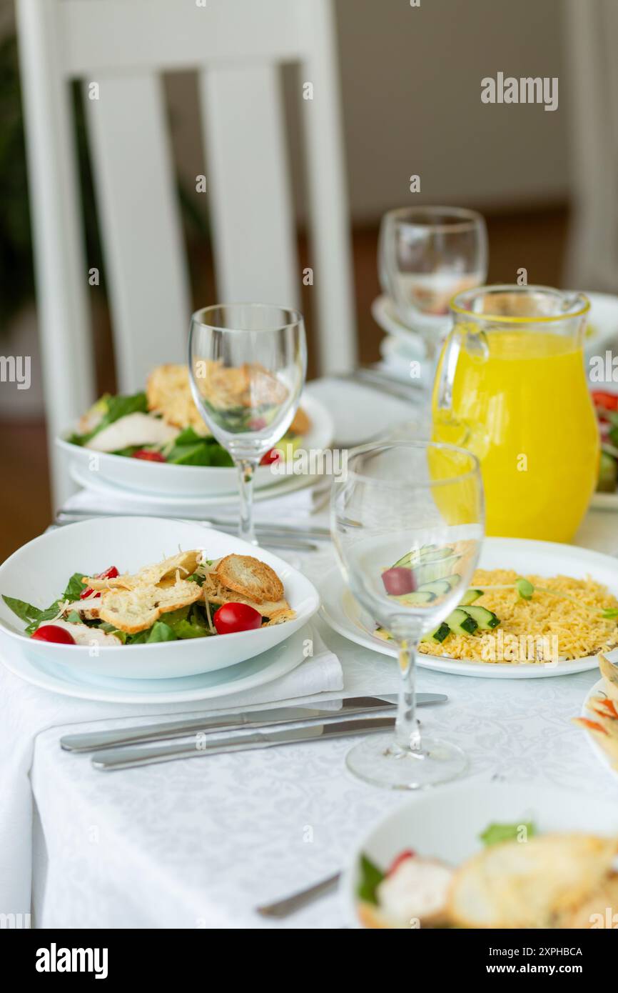 Wedding banquet in restaurant, covered round table for guests, white ...