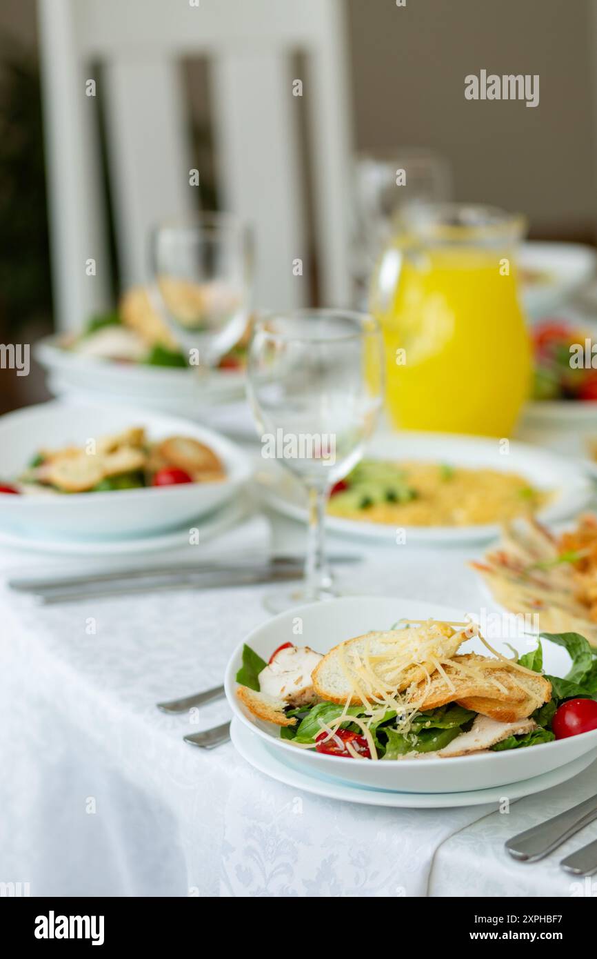 Wedding banquet in restaurant, covered round table for guests, white ...