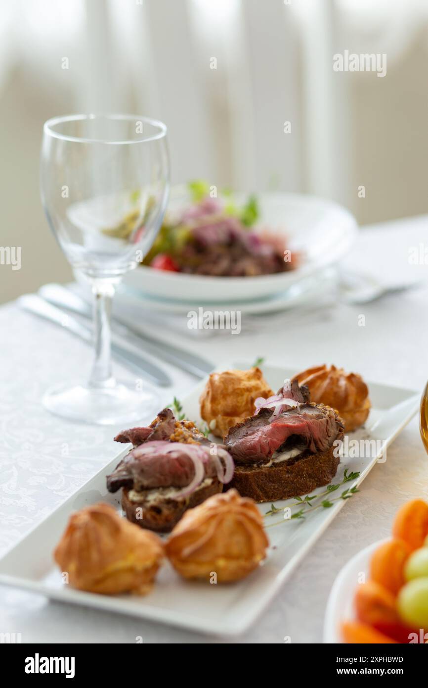 Wedding banquet in restaurant, covered round table for guests, white ...