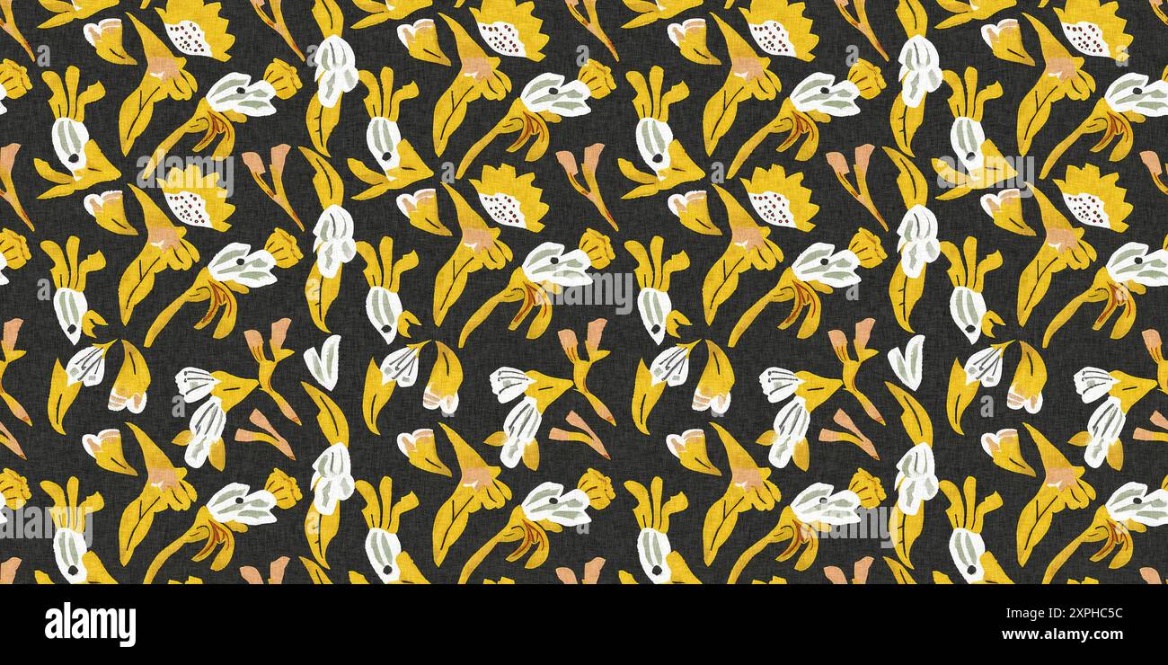 Modern printed fabric flower block print pattern with linen texture ...