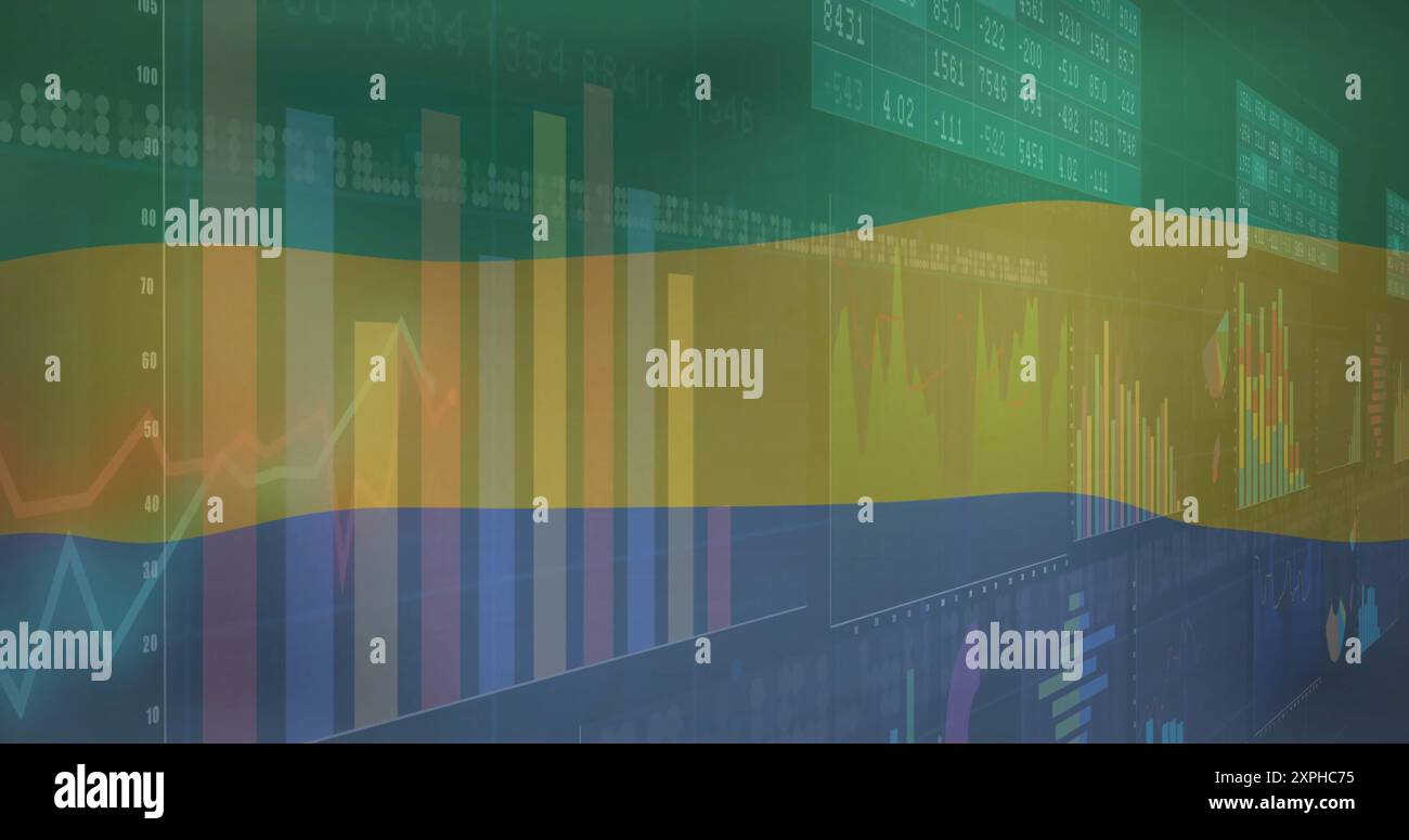 Financial data charts and graphs image over flag of gabon Stock Photo - Alamy