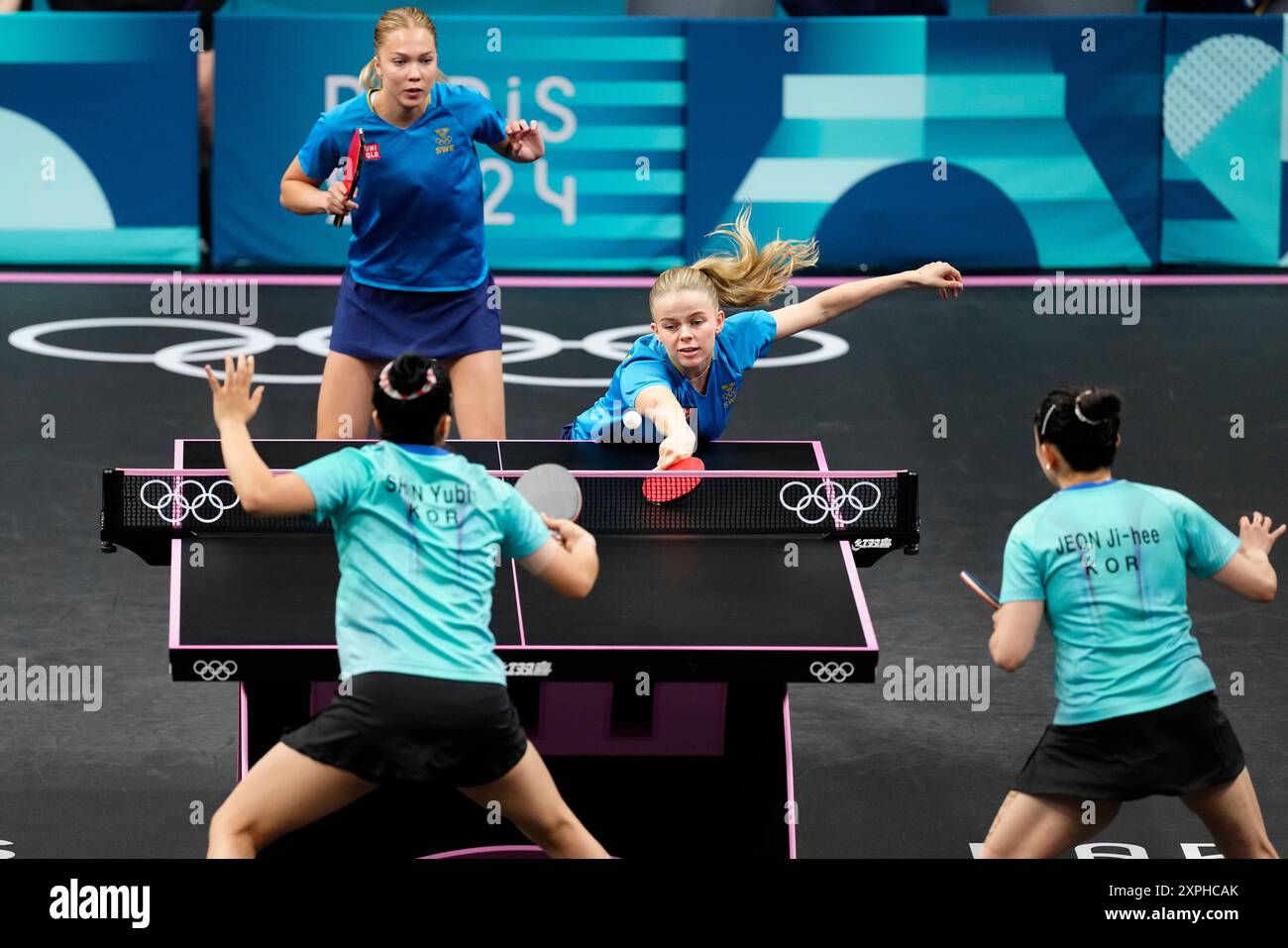 Sweden's Filippa Bergand, background right, and Christina Kallberg play ...