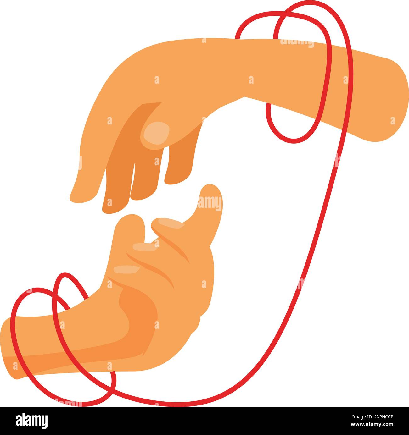 Two hands reaching for each other, tied together by red string of fate ...