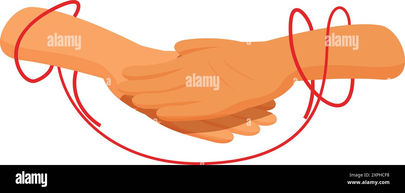 Two hands are shaking, tied together with red thread, representing an ...
