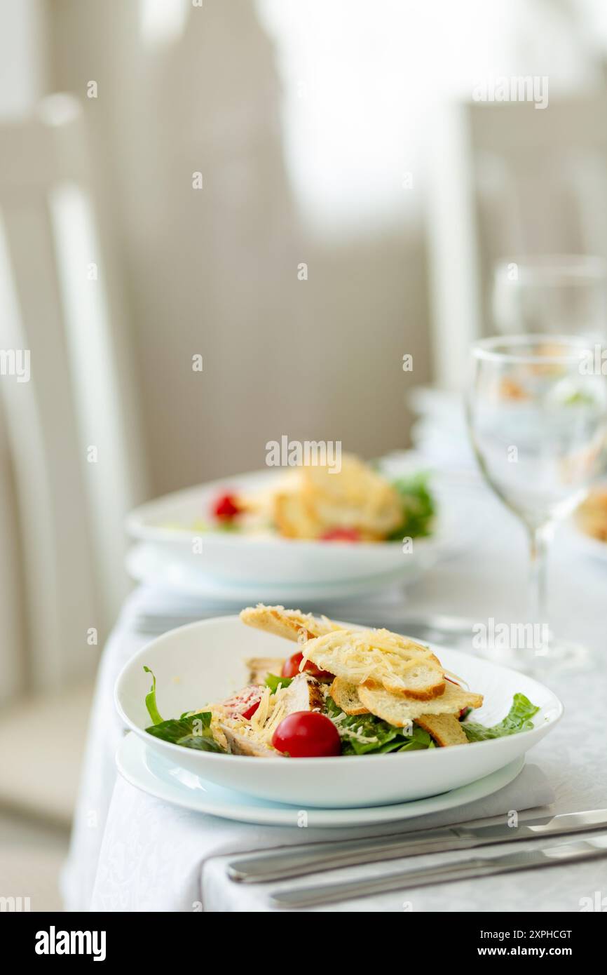 Wedding banquet in restaurant, covered round table for guests, white ...