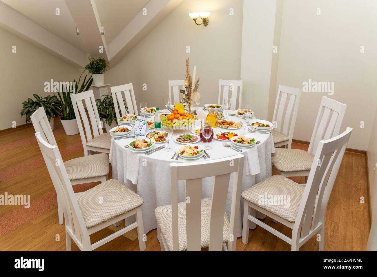 Wedding banquet in restaurant, covered round table for guests, white ...