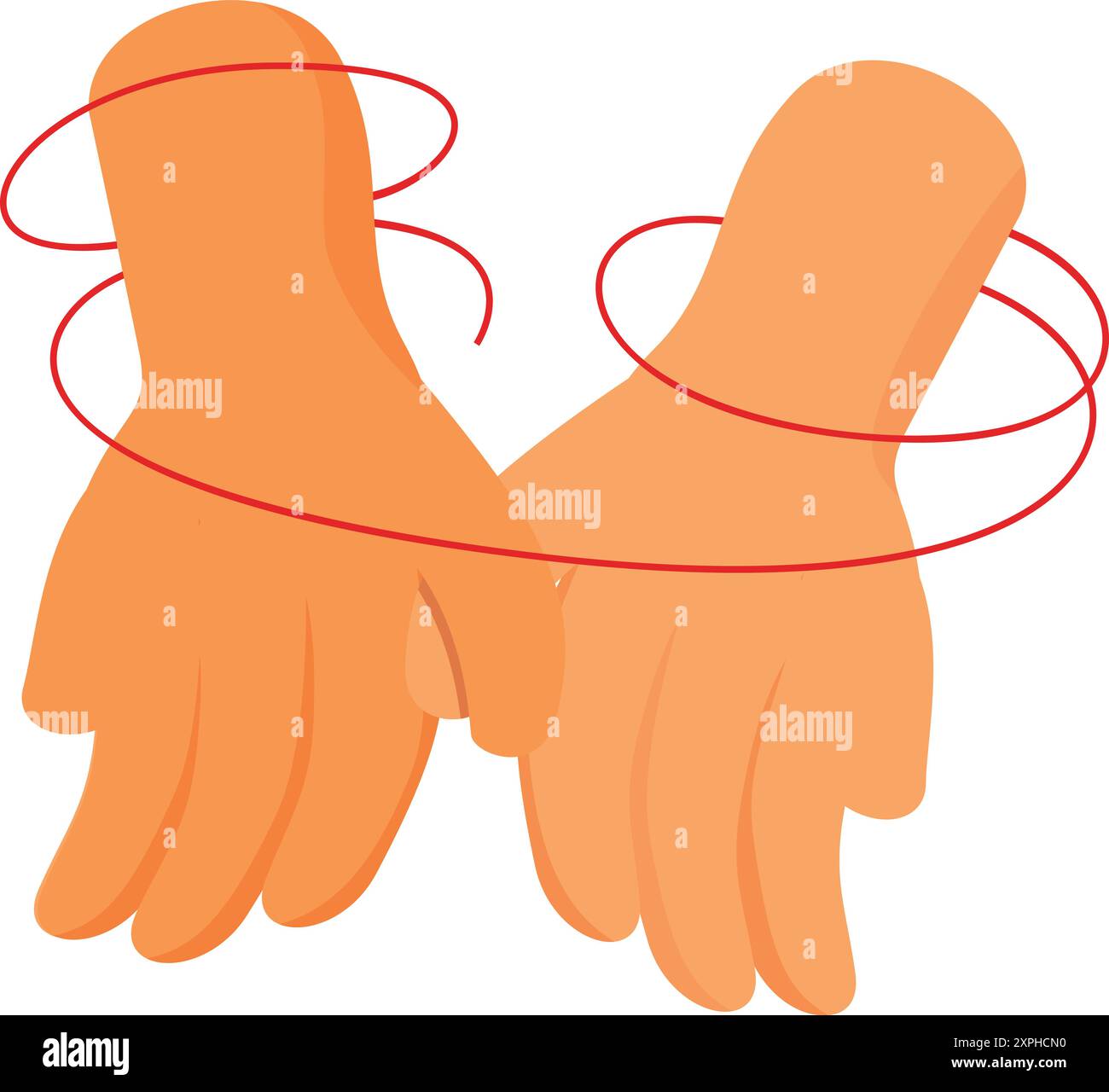 Two hands holding together, connected by red thread of fate ...