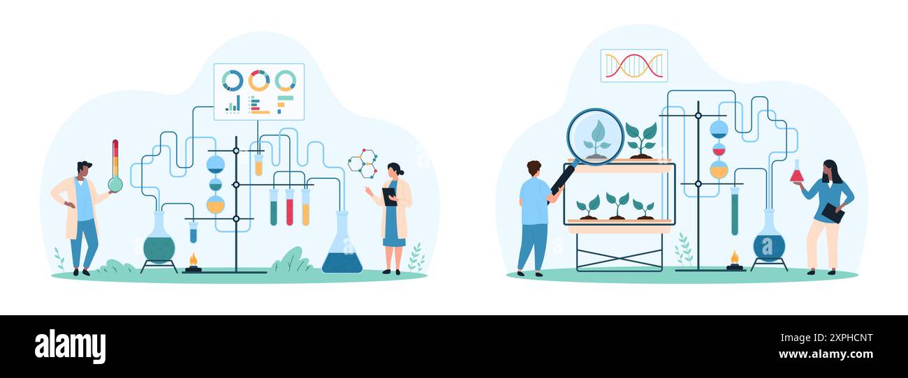 Chemistry, biology and biotechnology research set. Tiny people study ...