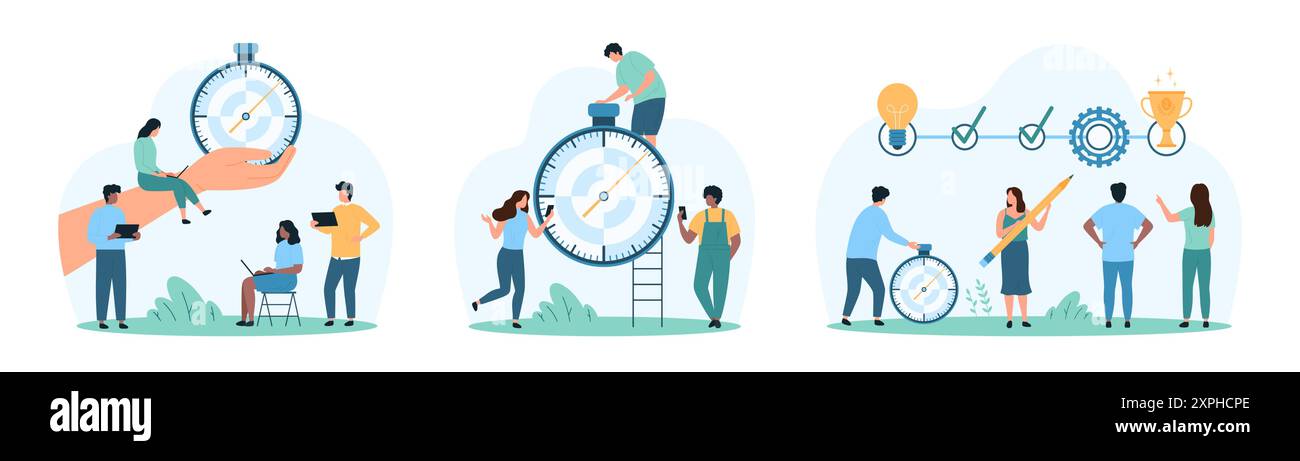 Time management, business task organization, motivation training set. Tiny people with pencil ...