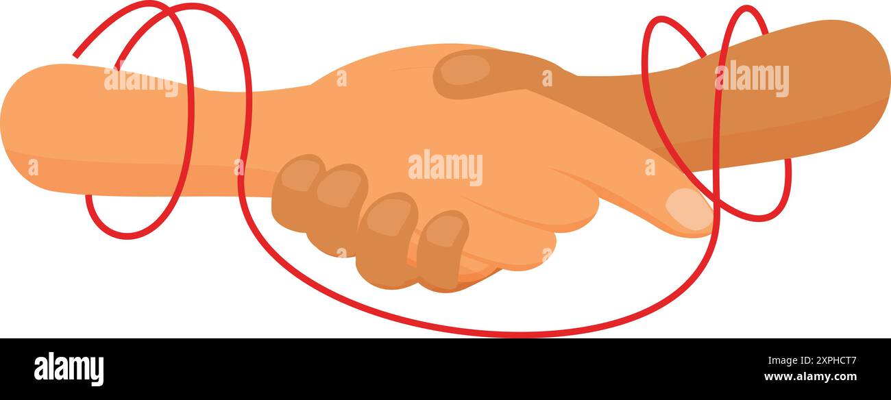 Two people are shaking hands, their wrists bound by a red string ...