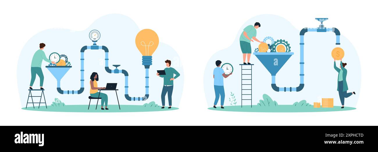 Idea creation and monetization process set. Tiny people work with ...