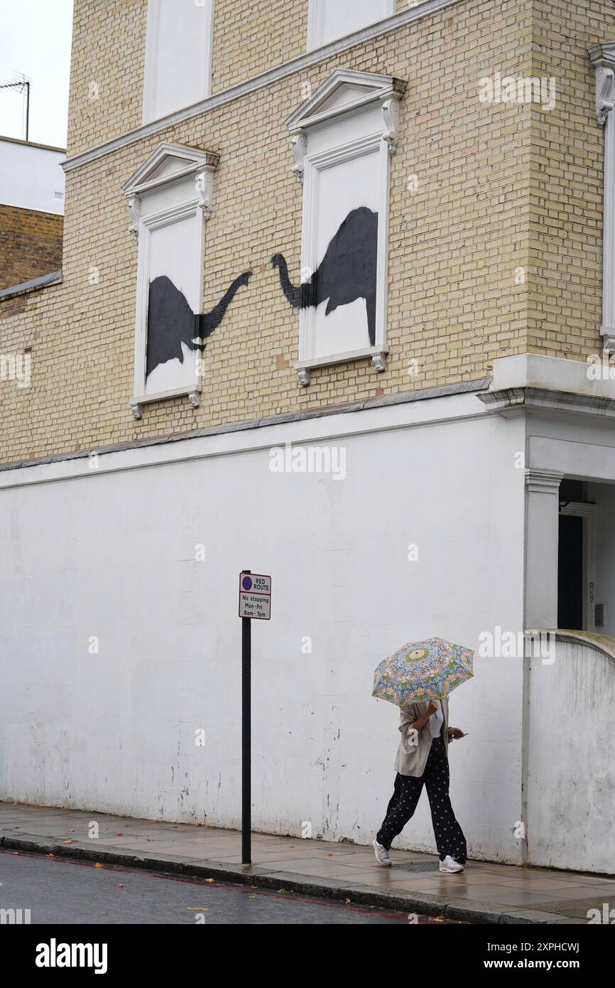 A woman passes underneath a new artwork depicting two elephants poking ...