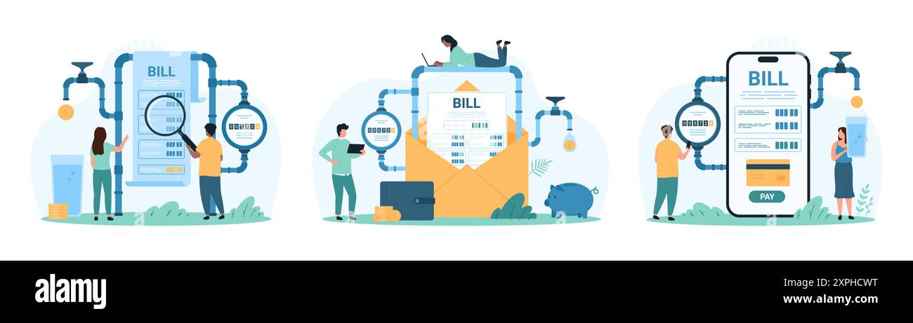 Payment for water supply, utility bill set. Tiny people check water consumption in household ...