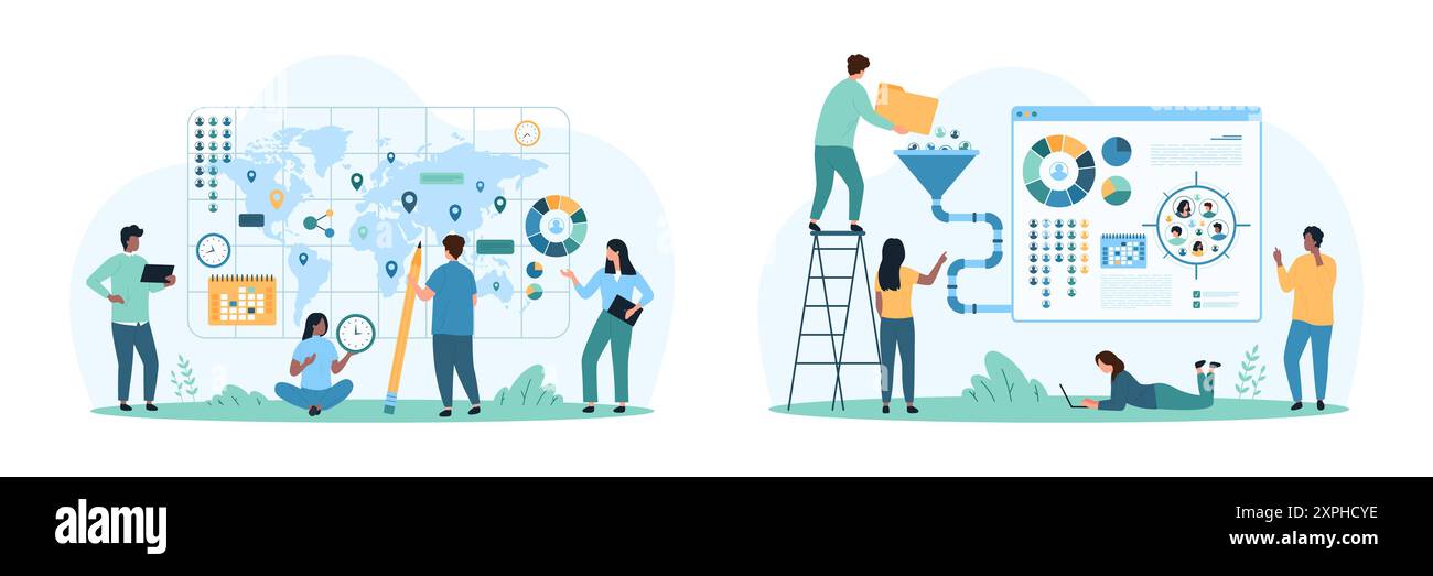 Sociology and marketing analysis set. Tiny people work with funnel for ...