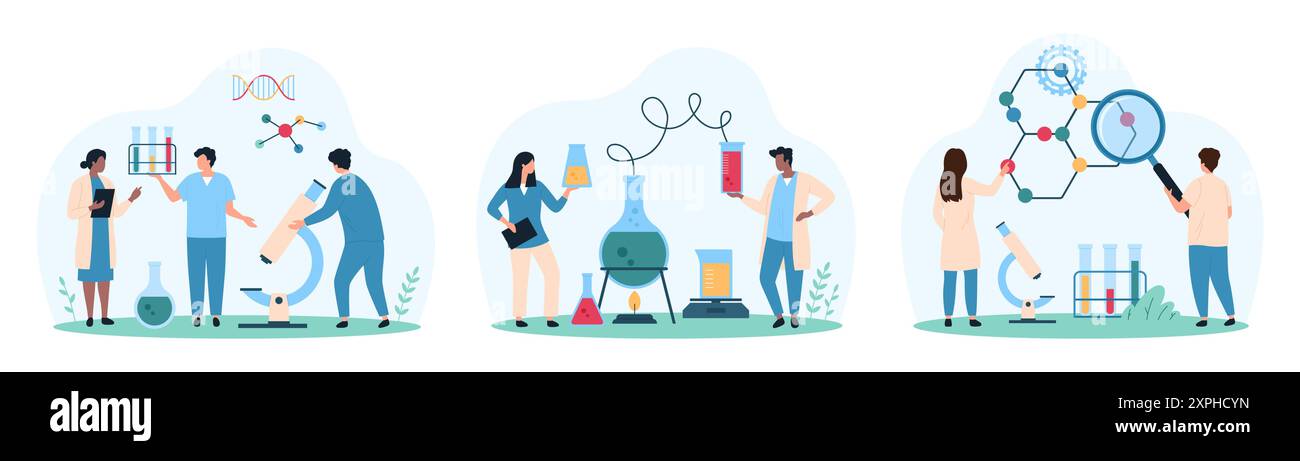 Chemistry research, molecular analysis set. Tiny people study chemical ...