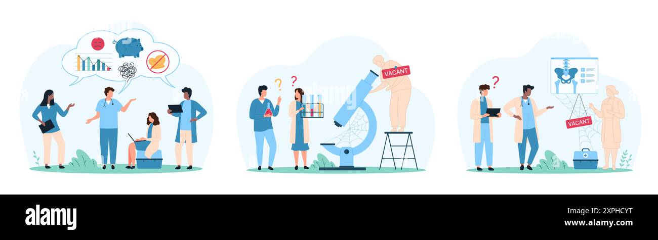 Shortage of medical staff, reduction of salary set. Tiny people carry ...