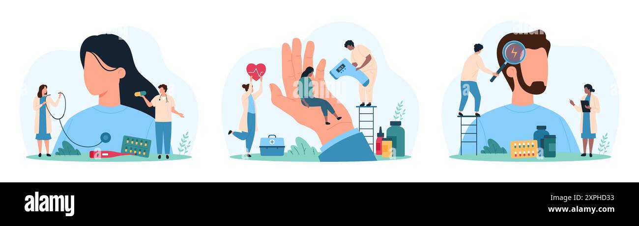 Diagnosis and treatment of respiratory diseases set. Tiny people ...