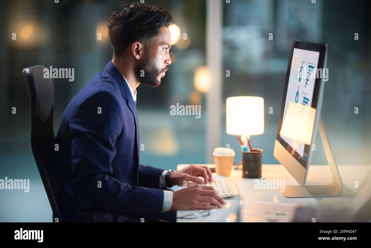 Business man, computer typing and office for stock broker, project ...