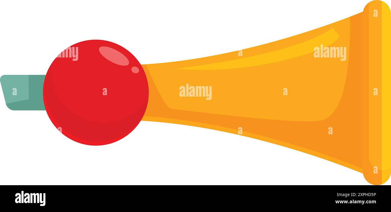 Bright plastic horn is being blown to make a loud, celebratory sound ...