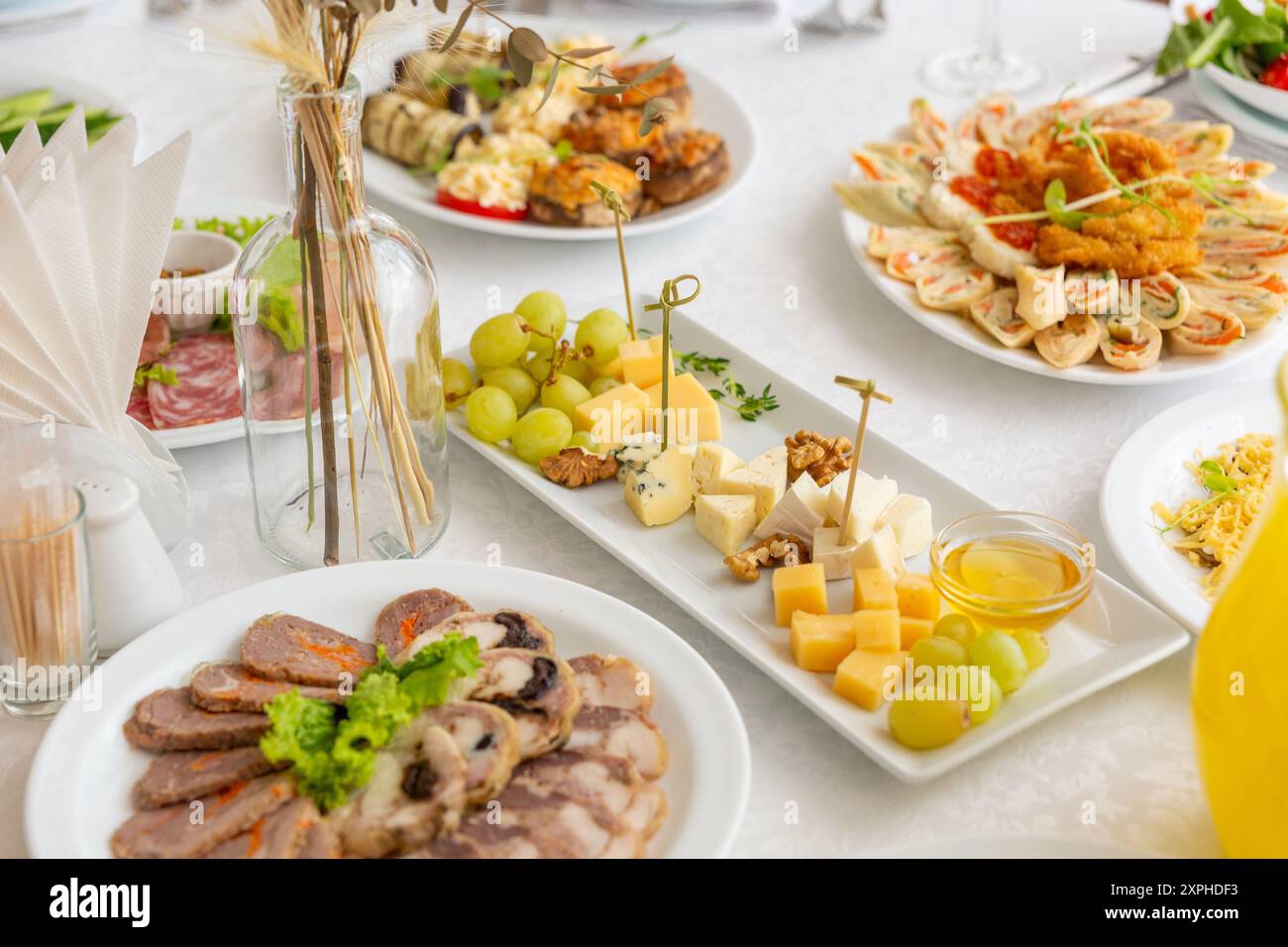 Wedding banquet in restaurant, covered round table for guests, white ...