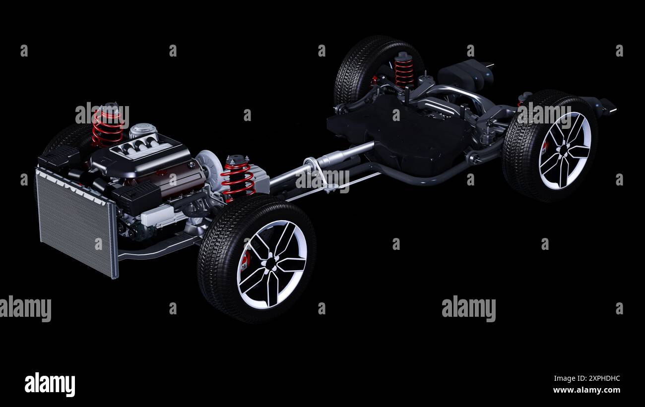 Detailed illustration of a chassis with engine against a neutral ...