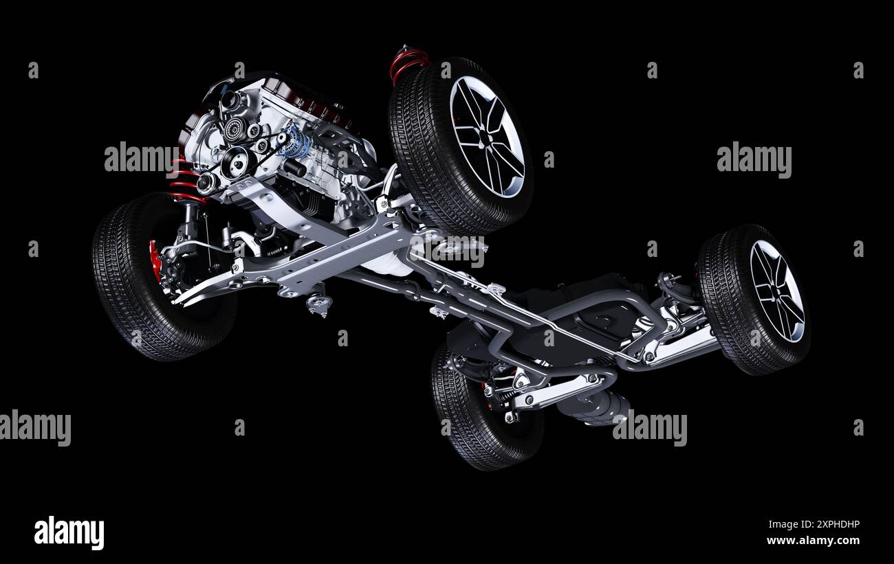 Detailed illustration of a chassis with engine against a neutral ...