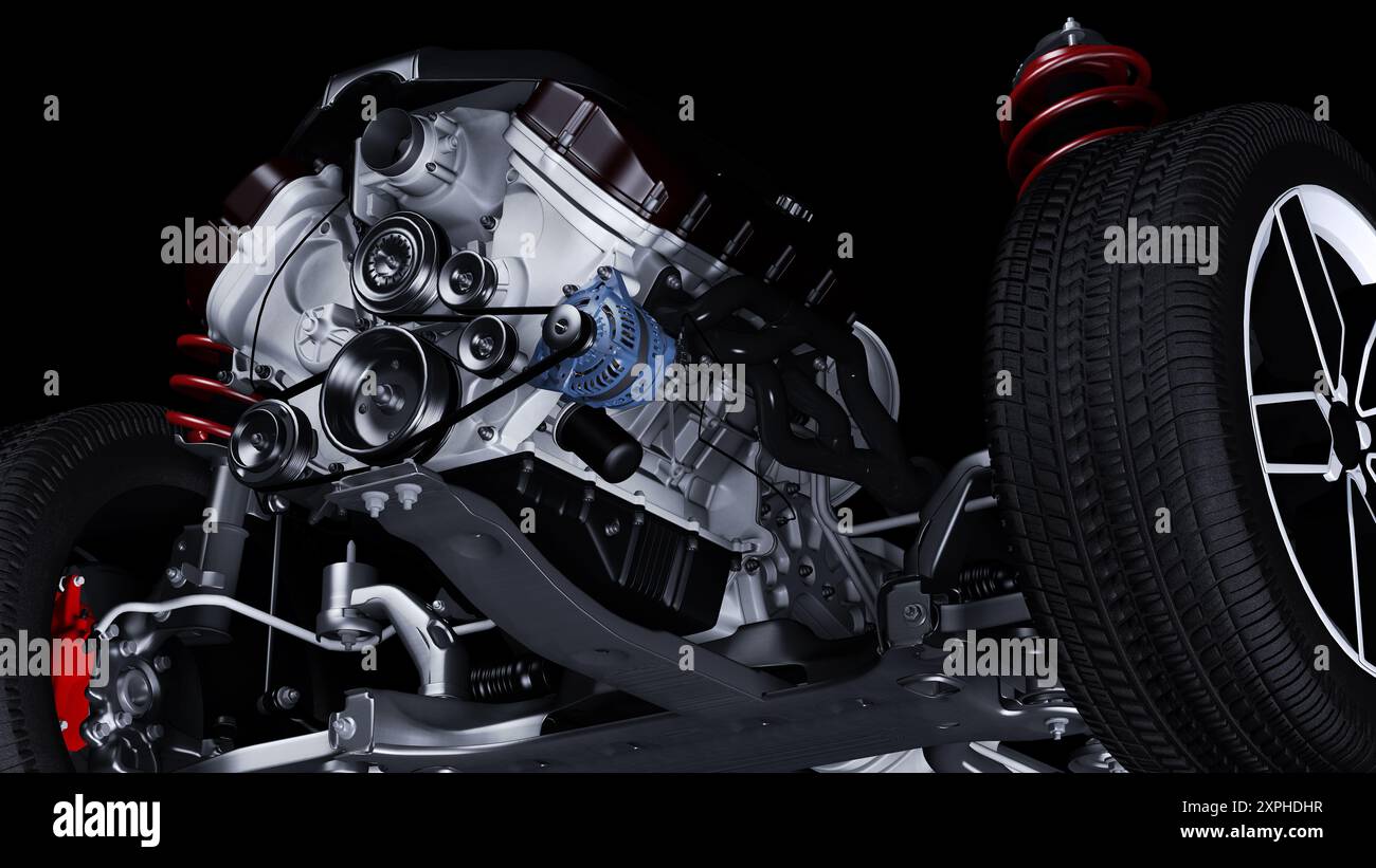 Detailed illustration of a chassis with engine against a neutral ...