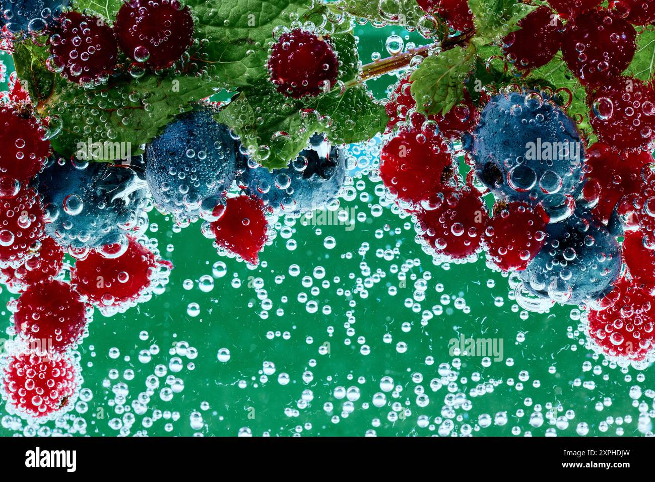 Berries and leaves immersed in sparkling water, surrounded by bubbles ...