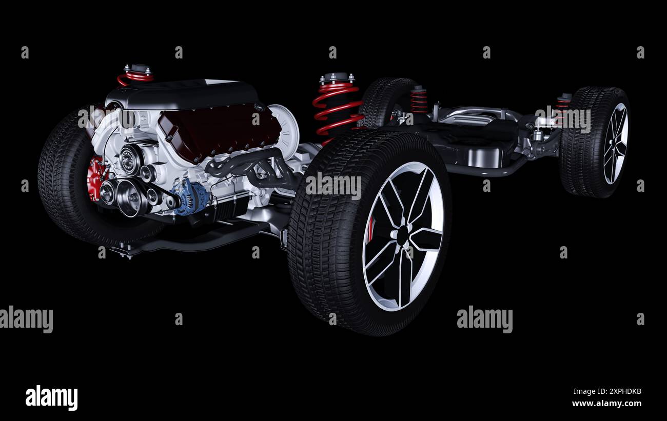 Detailed illustration of a chassis with engine against a neutral ...