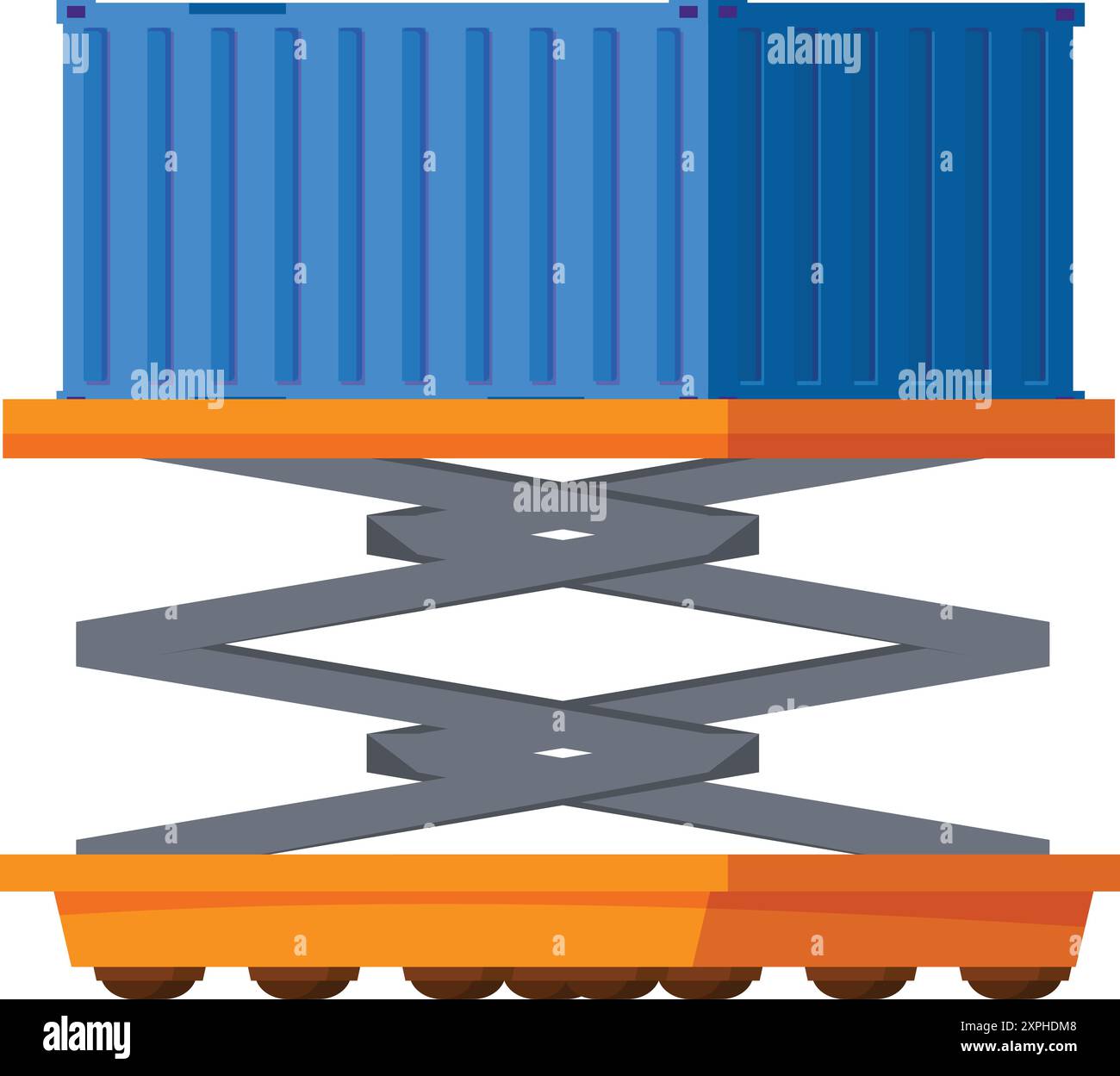 Scissor lift platform is raising two blue cargo containers in a ...