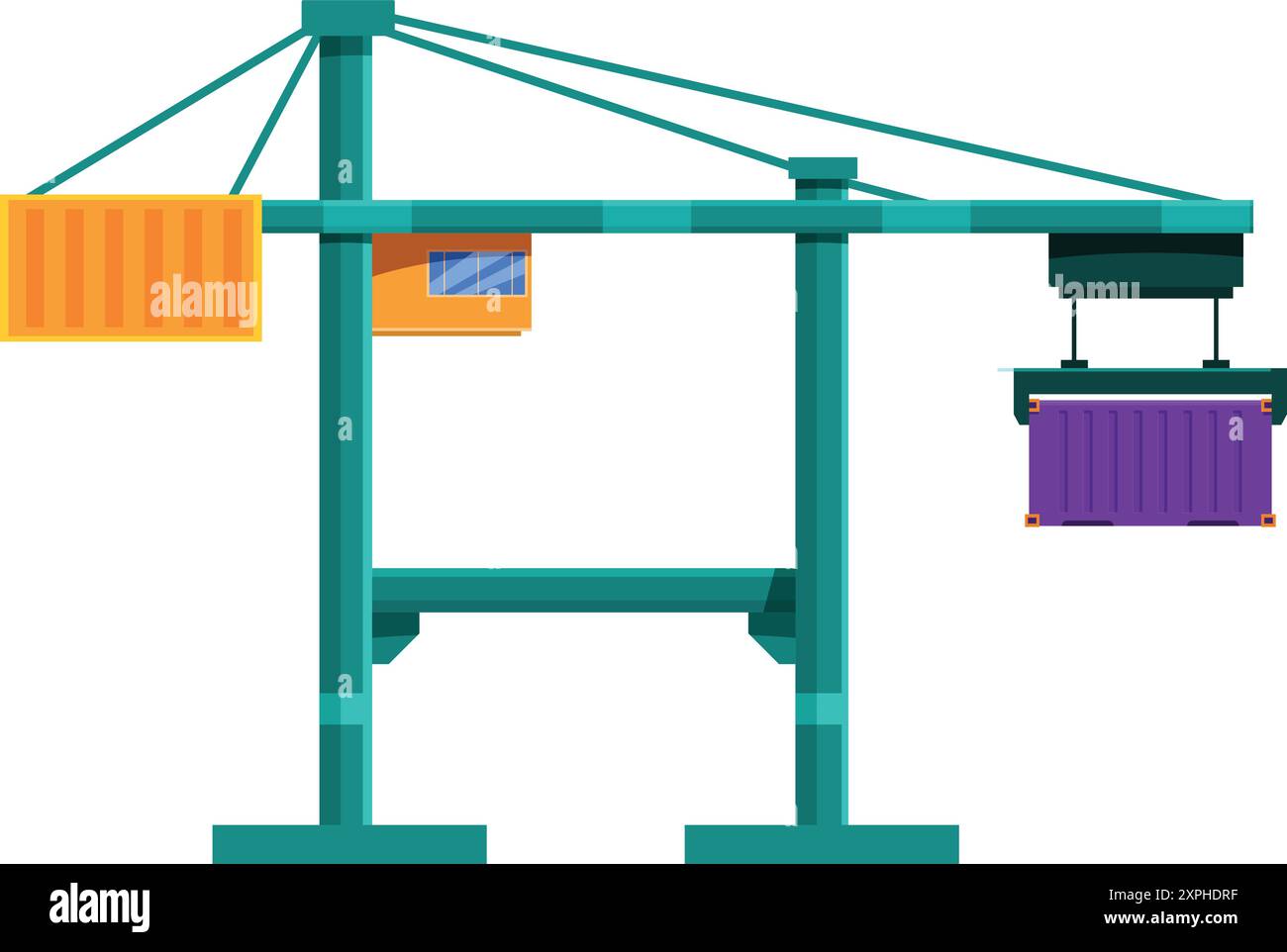Illustration of a port crane lifting a cargo container, loading containers on dock, freight ...