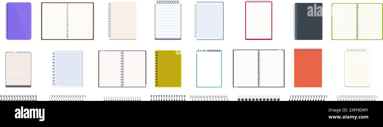 Notebook spiral binders icons set. Variety of blank spiral notebooks ...