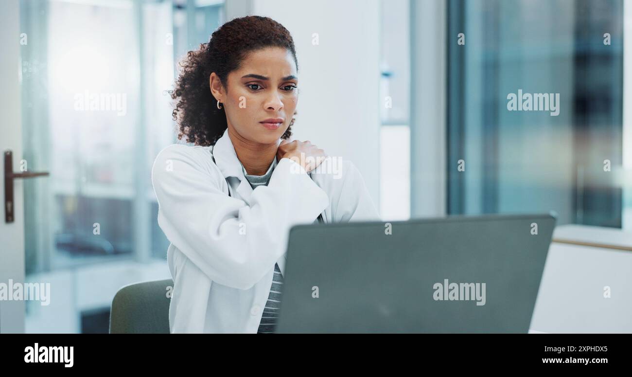 Frustrated woman, doctor and shoulder pain with laptop for stress ...
