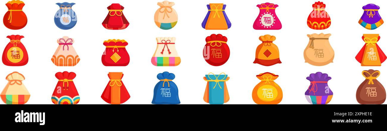 Chinese lucky bag icons set. Set of colorful lucky money bags for ...