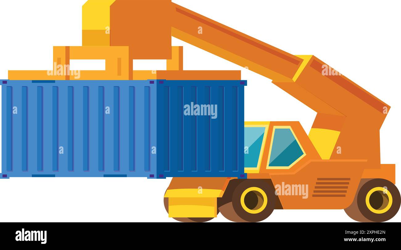 Forklift is lifting a cargo container, side view, logistics and ...