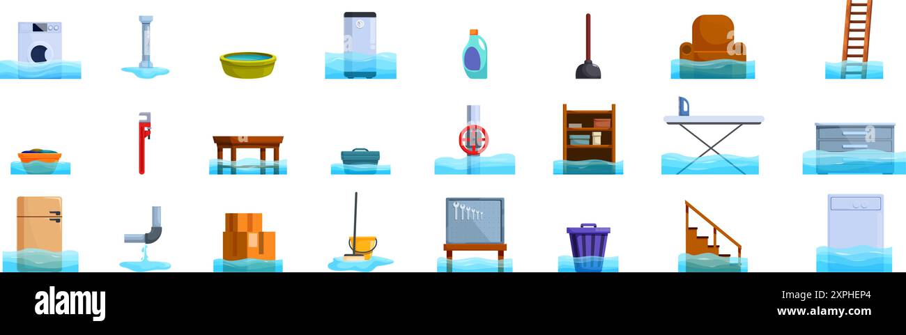 Flood house basement icons set. House flood icons set, room flooding ...