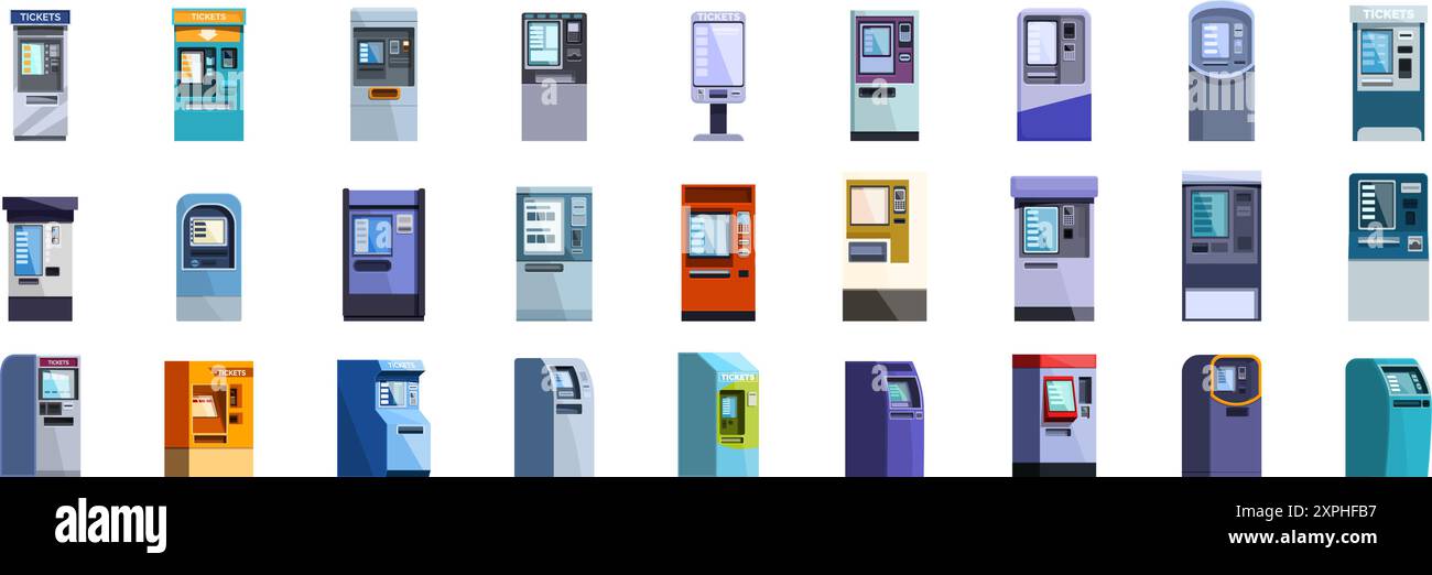 Subway ticket machine icons set. Diverse set of payment terminals ...