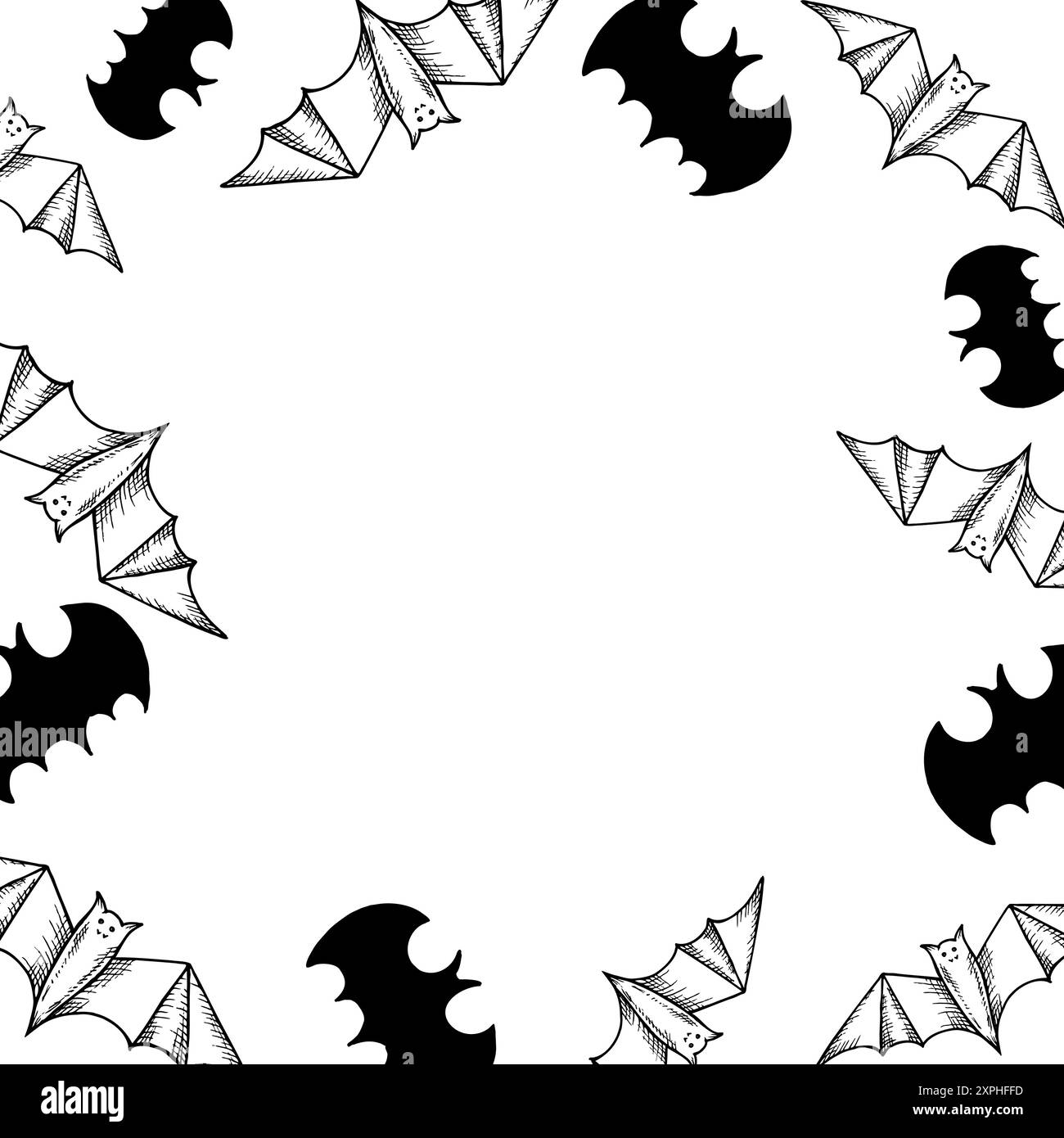 Vector black bats halloween frame. Hand painted linear illustration ...