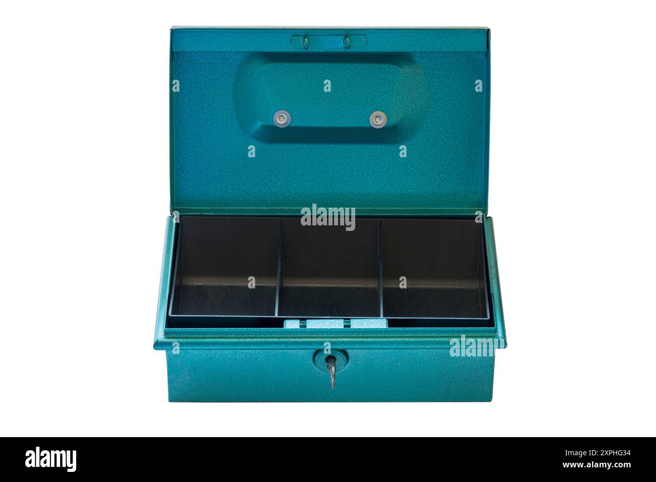 Empty metal lockable cash box, money tin isolated on white background ...