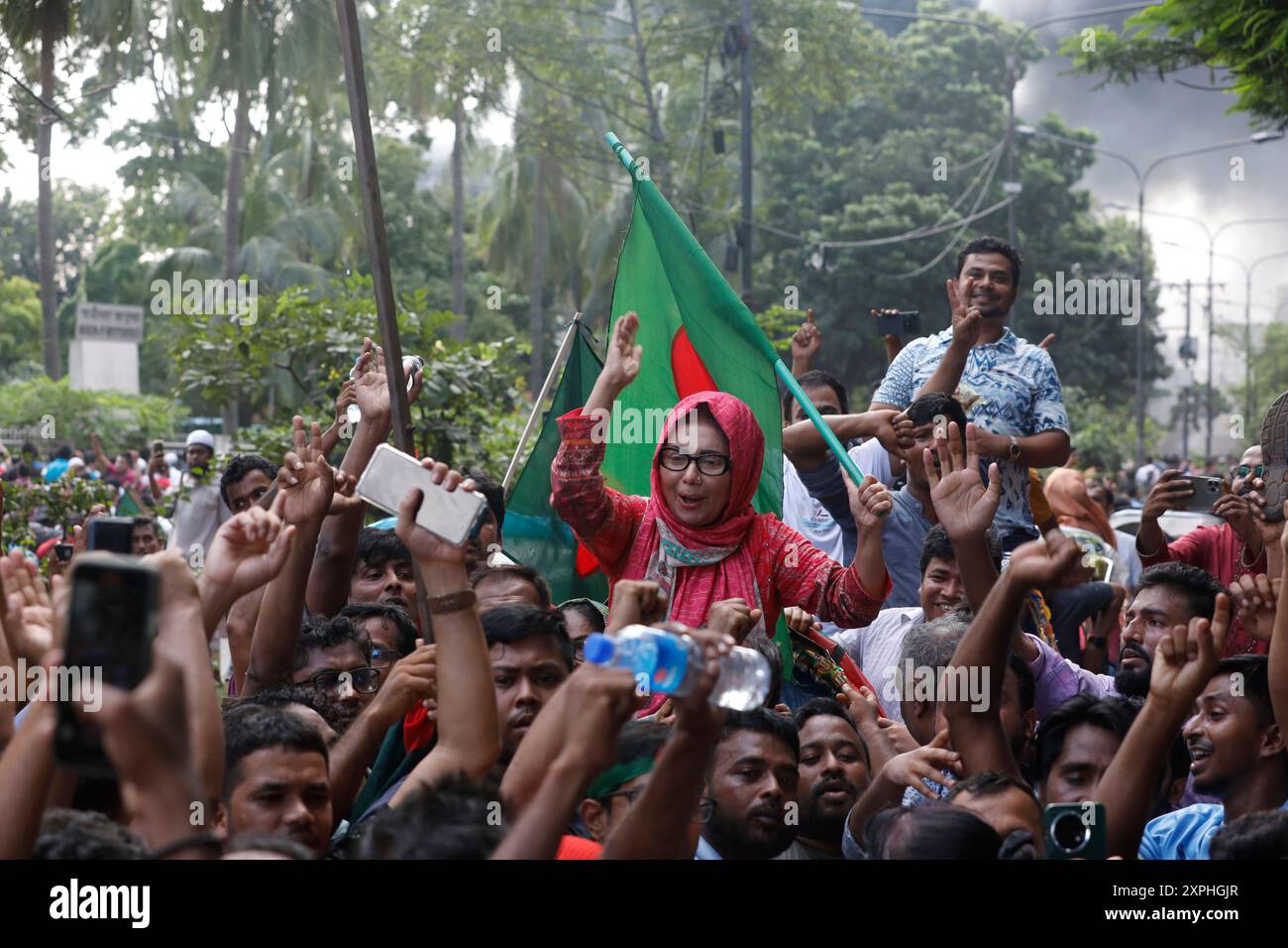 Dhaka, Bangladesh - August 05, 2024: Thousands of people cheered at Shahbagh in Dhaka after ...