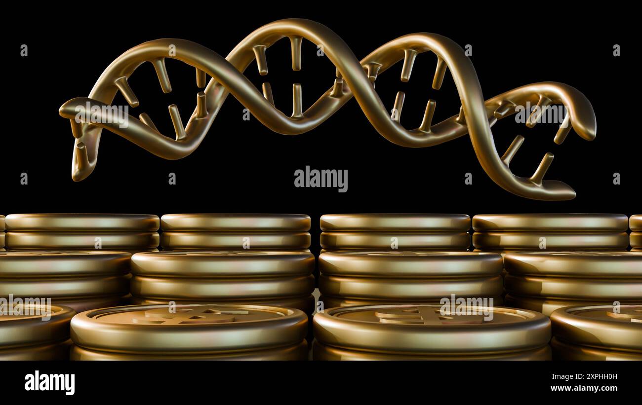 3d rendering of gold DNA helix and pile of gold coins in the black ...