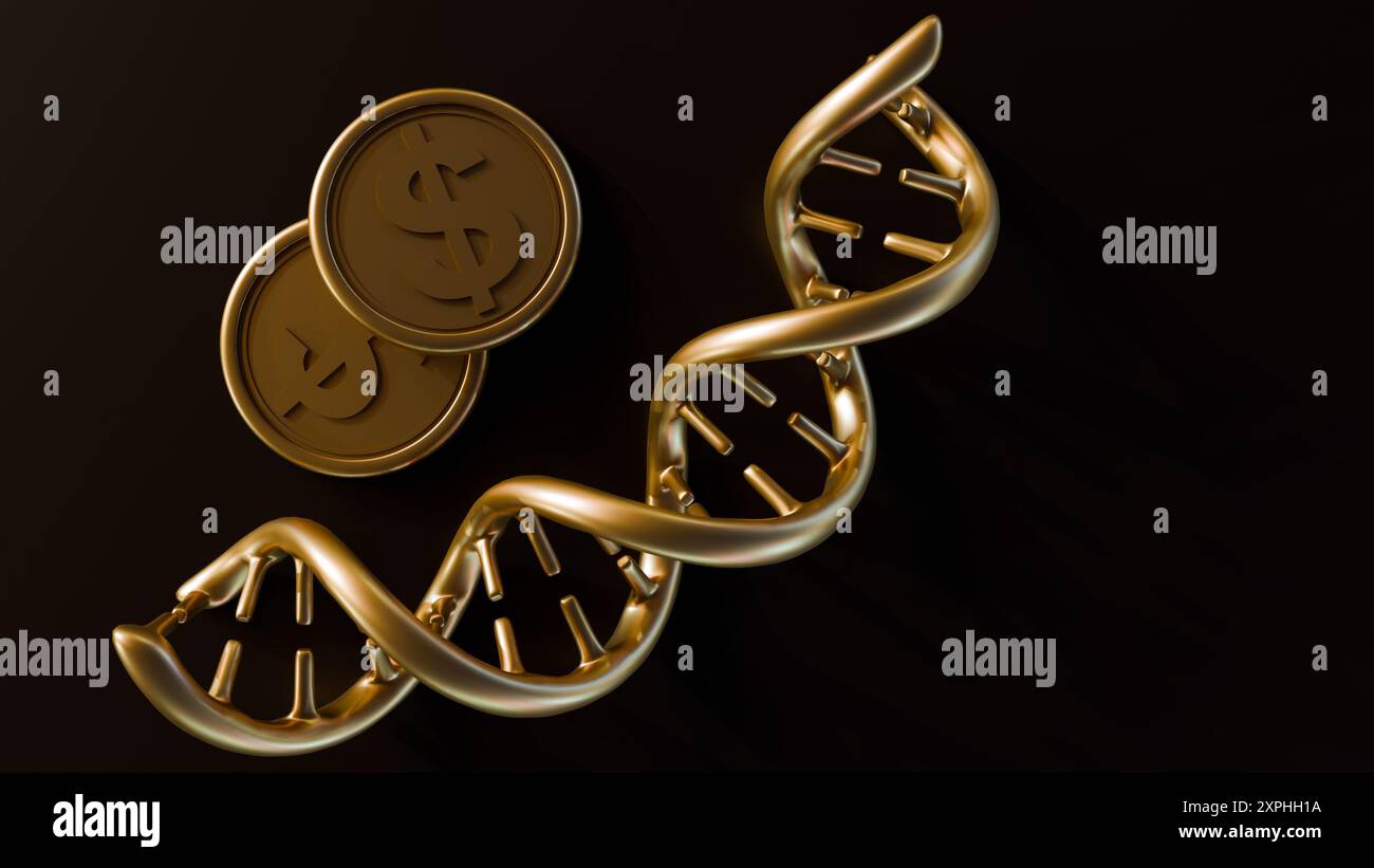 3d rendering of gold DNA helix and pile of gold coins in the black ...