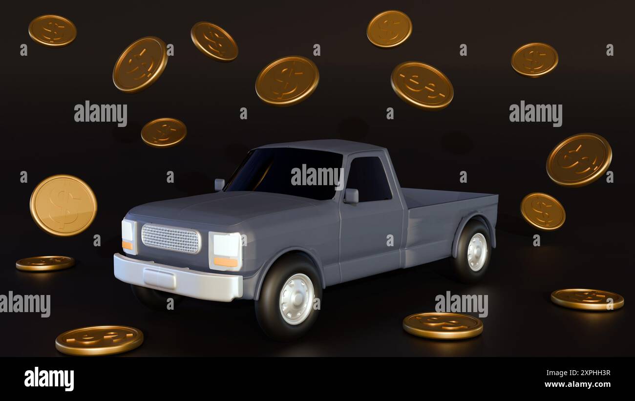 3d rendering of a pick up truck car and scattered gold coins Stock ...