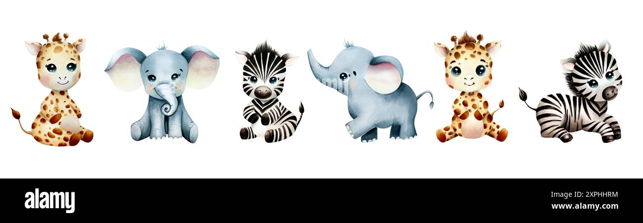 Cute baby african animals. Giraffes, zebras and elephants. Watercolor ...
