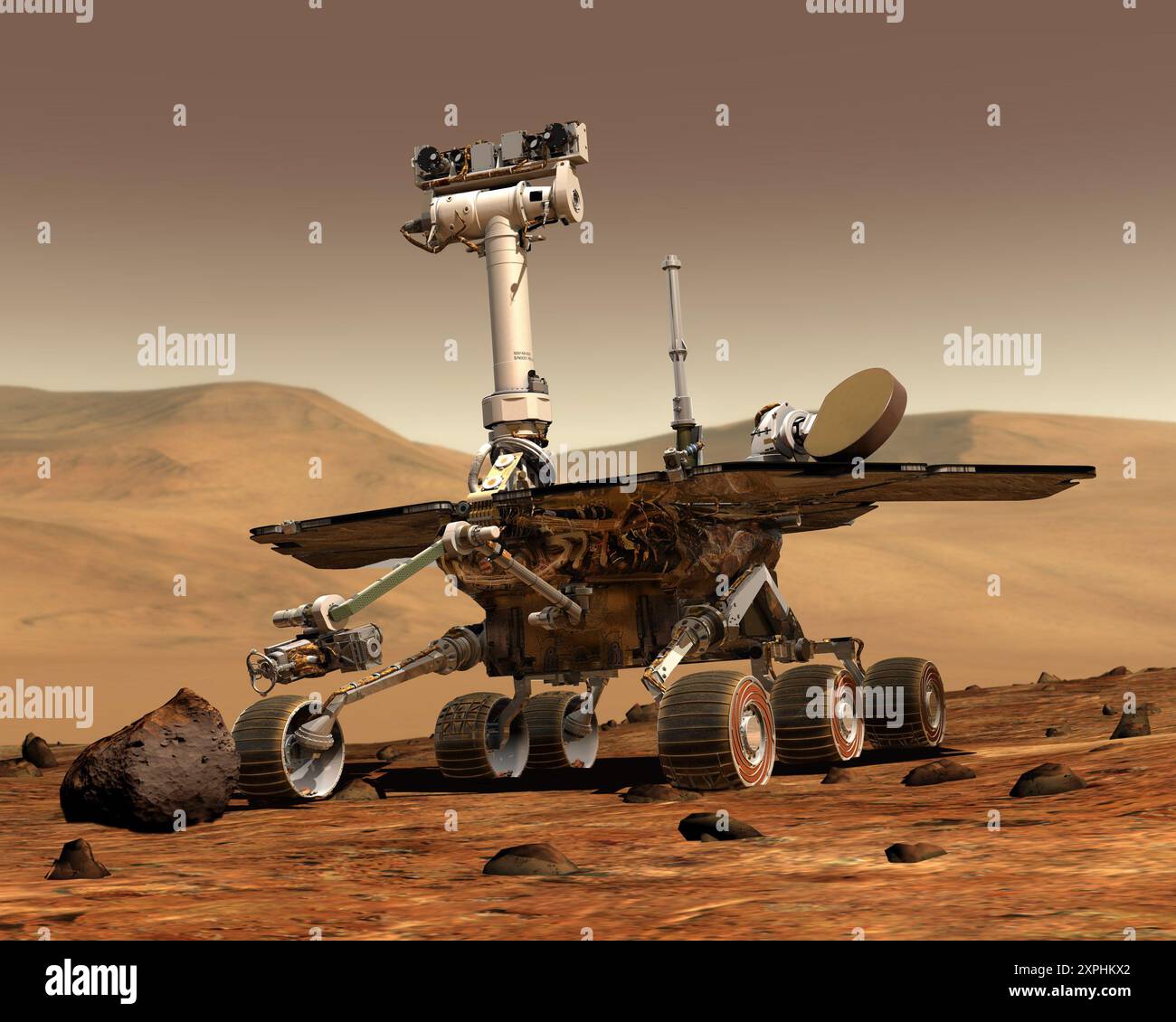 An artist's concept portrays a NASA Mars Exploration Rover on the ...